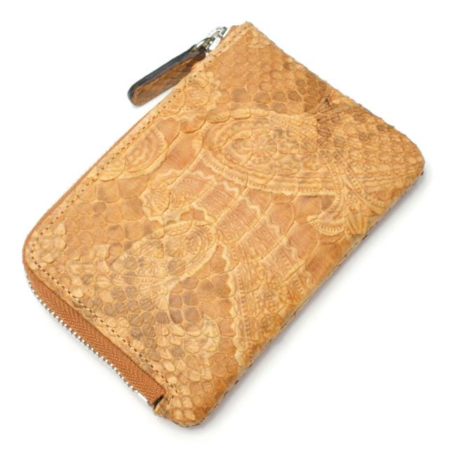 蛇革財布 ラウンドファスナー 本革 財布 L字 札入れ レディース財布 メンズ財布 ラウンドファスナー財布 パイソン革 蛇革 ヘビ革 レザー 革 薄型 コンパクト サイフ 日本製 柄 ペイズリー オレンジ