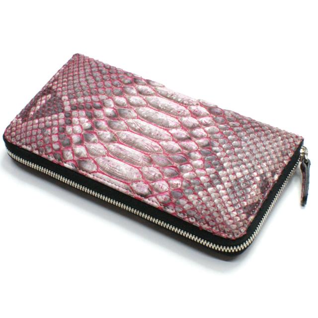 ラウンドファスナー長財布 パイソン 財布 ファスナー財布 パイソン革 蛇革 ヘビ革 ダイヤモンドパイソン革 バックカット シンホニー ピンク