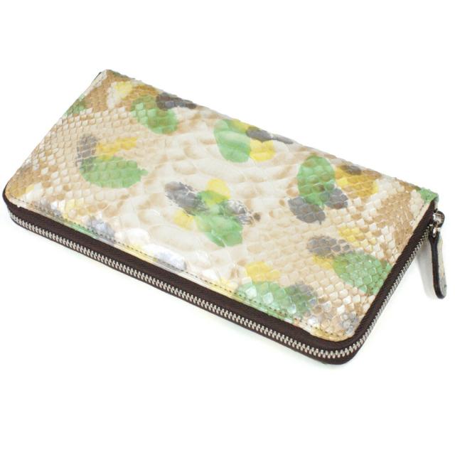 ラウンドファスナー 長財布 本革 ファスナー財布 小銭入れあり 大容量 カード収納 レディース財布 メンズ財布 パイソン革 蛇革 ヘビ革 ラウンド財布 ロングウォレット 本革長財布 日本製 手染め  グリーン