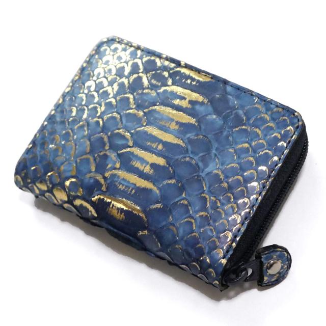 ケース 小銭入れ メンズ レディース  革 本革 出しやすい ラウンドファスナー ファスナー 小型財布 コンパクト財布 ミニウォレット パイソン へび革 / ダイヤモンドパイソン革 リーフ 群雲染