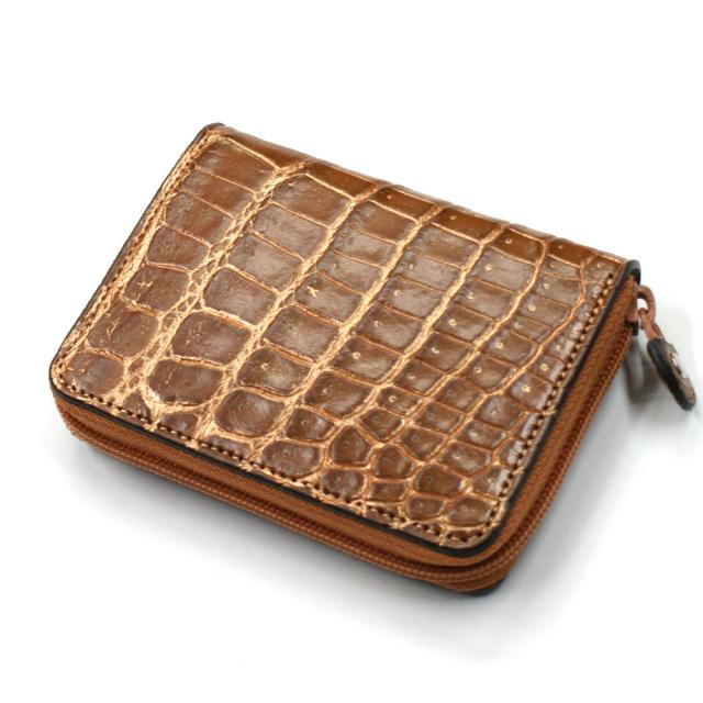 ケース ラウンドファスナー 小銭入れ メンズ レディース クロコダイル ワニ革 革 財布 ジッパー ギフト 日本製 ブラウン ゴールド
