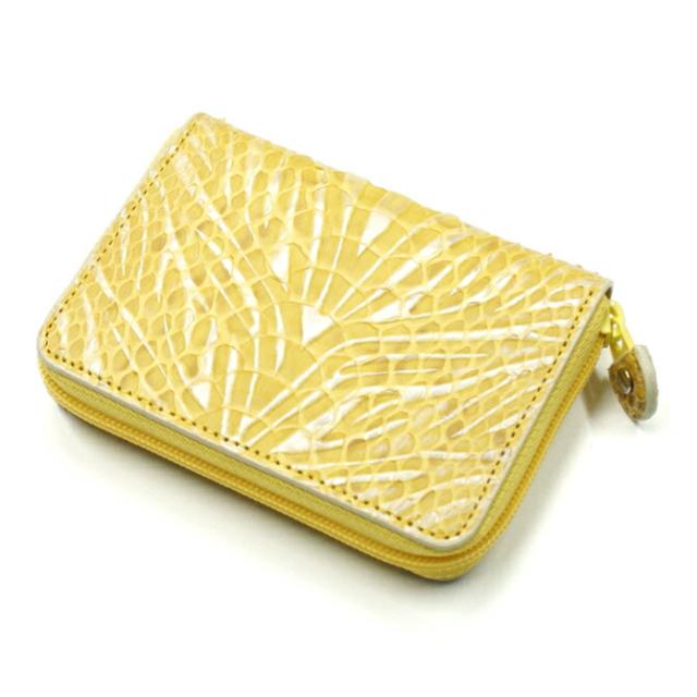 小銭入れ 本革 メンズ レディース ファスナー小銭入れ Ver.2 カード収納 コンパクト 財布 パイソン革 蛇革 ヘビ革 ケース 本革小銭入れ 日本製 ウェーブ柄 イエロー