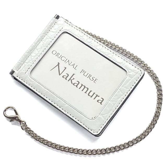 両面開き 二つ折り パスケース チェーン付き /  定期入れ idカードホルダー idケース カードホルダー / 本革 クロコダイル革 ワニ革 / ブリリアント ホワイト