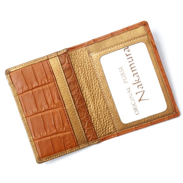 定期入れ パスケース 本革 レザー メンズ レディース クロコダイル ワニ革 二つ折り パス入 透明窓 カード入れ カード収納 ポイントカード マット ブラウン ２
