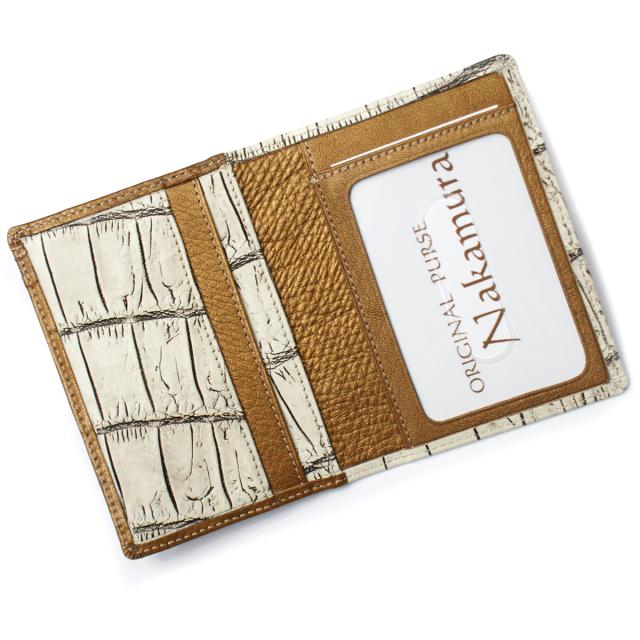 定期入れ パスケース 本革 レザー メンズ レディース クロコダイル ワニ革 二つ折り パス入 透明窓 カード入れ カード収納 ポイントカード ホワイト ２