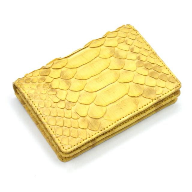 名刺入れ 通しマチ / 名刺ケース カード入れ / メンズ レディース / 本革 パイソン革 ヘビ革 / ダイヤモンドパイソン ハーフブリーチ イエロー