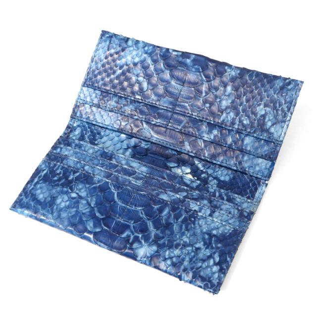 長財布 パイソン 財布 マチなし 小銭入れなし 薄型 / 本革 パイソン革 ダイヤモンドパイソン 群雲藍染め