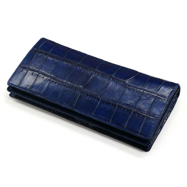 長財布 メンズ レディース クロコダイル革 ワニ革 無双仕様 通しマチ 小銭入れ無し 藍染仕上げ ２