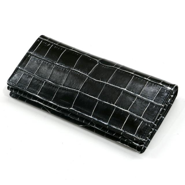 長財布 メンズ かぶせ 本革 札入れ ワニ革 クロコダイル 無双仕様 通しまち 小銭入れなし バリバー シルバー ２