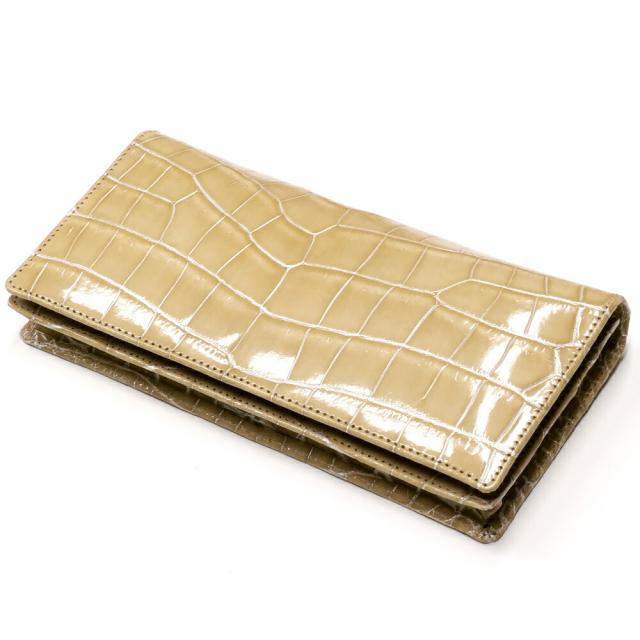 長財布 財布 サイフ メンズ財布 レディース財布 クロコダイル 鰐革 ワニ革 本革 レザー 通しまち 小銭入れなし グレージング仕上げ 艶 ベージュ 2