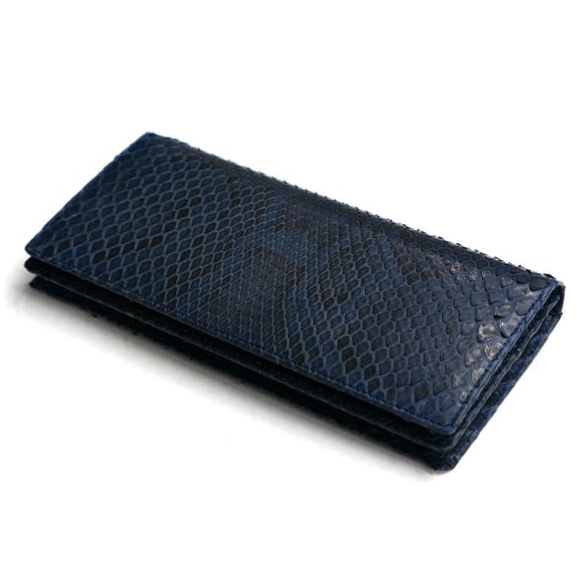 パイソン 長財布 メンズ 本革 かぶせ 札入れ 蛇 ヘビ 無双仕様 通しまち 小銭入れなし 日本製 送料無料 モラレス ネイビー ブルー