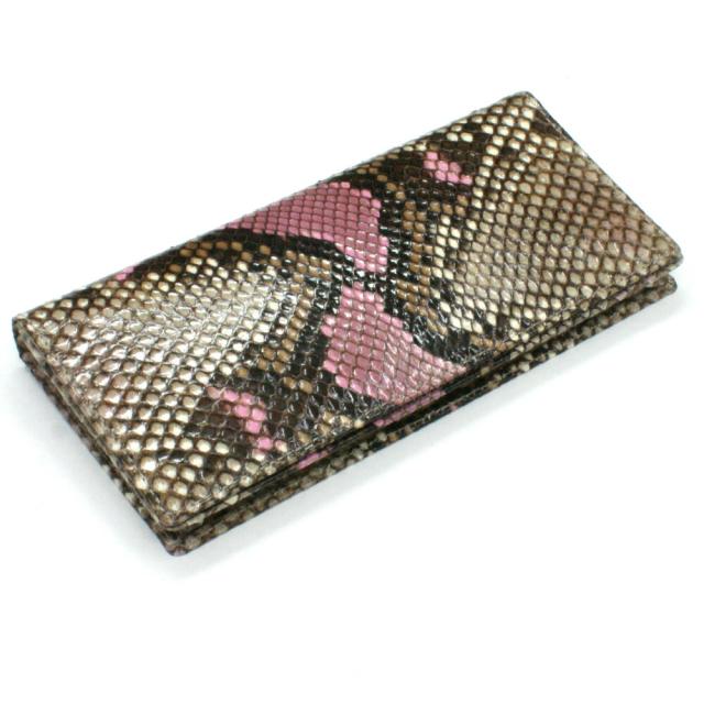 長財布 パイソン 財布 本革 メンズ財布 レディース財布 長札 ロング ウォレットパイソン革 蛇革 へび革 通しまち型 小銭入れ付 カード収納 日本製 手染め ピンク 2