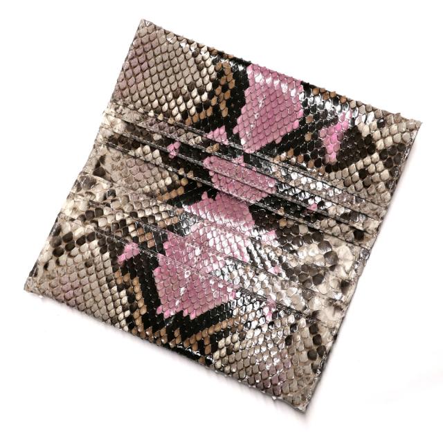 長財布 本革 パイソン 財布 サイフ メンズ レディース 薄型 束入 長札 蛇革 ヘビ革 レザー マチ無し 小銭入れ無し 本革長財布 日本製 手染め P07 ピンク