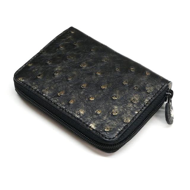 小銭入れ ケース ラウンドファスナー 本革 ダチョウ革 駝鳥革 オーストリッチレザー ラグジュアリー ブラックゴールド