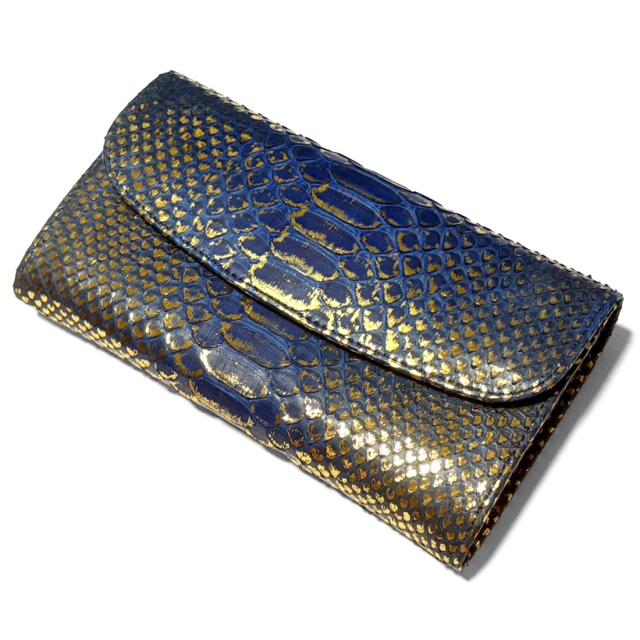 ギャルソン長財布 本革 パイソン リーフ 藍染 大きめ 収納力 高級感 ユニセックス 日本製 財布 ギャルソン財布 メンズ レディース カード入れ 札入れ ファスナーポケット付き