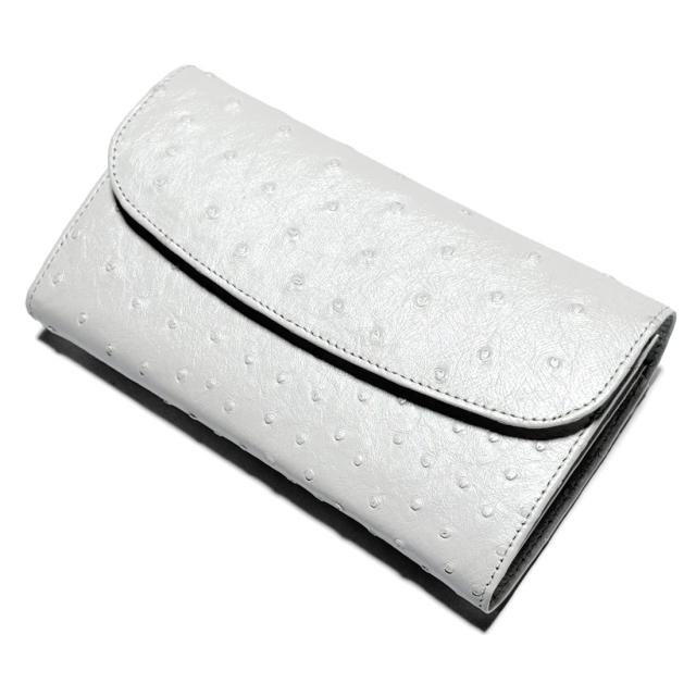 ギャルソン長財布 本革 オーストリッチ ホワイト 大きめ 収納力 高級感 ユニセックス 日本製 財布 ギャルソン財布 メンズ レディース カード入れ 札入れ ファスナーポケット付き