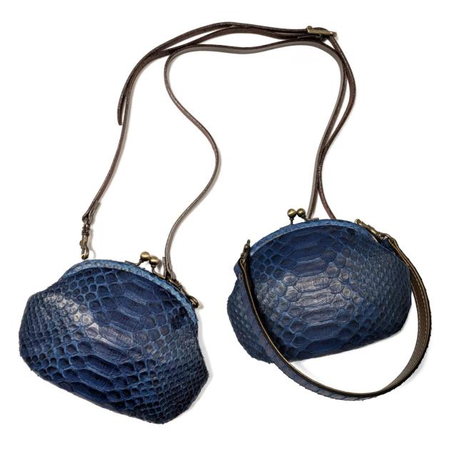パイソン 藍染 本革 がま口 ミニ バッグ 3WAY / ハンドベルト ショルダーベルト付属 色選択可能  / がまぐち 口金 ポシェット ハンドバック ショルダーバック ポーチ / エキゾチックレザー 蛇革 肩掛け 手提げ メンズ レディース