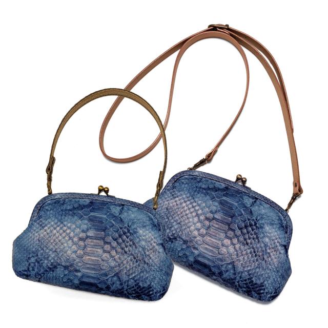 パイソン 群雲染め 本革 がま口 バッグ 3WAY 横型 / ハンド ショルダーベルト付属 色選択可能  / がまぐち 口金 ポシェット ハンドバック ショルダーバック スマホショルダー スマホポーチ / エキゾチックレザー 蛇革 肩掛け 手提げ メンズ レディース
