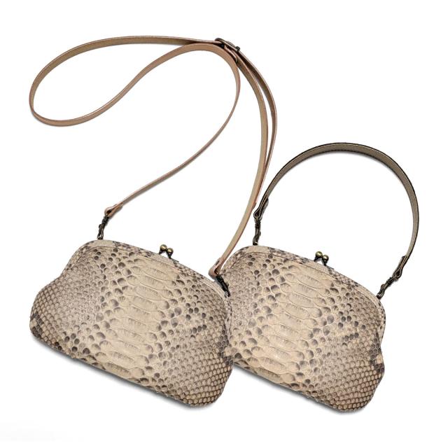 パイソン マット 本革 がま口 バッグ 3WAY 横型 / ハンド ショルダーベルト付属 色選択可能  / がまぐち 口金 ポシェット ハンドバック ショルダーバック スマホショルダー スマホポーチ / エキゾチックレザー 蛇革 肩掛け 手提げ メンズ レディース