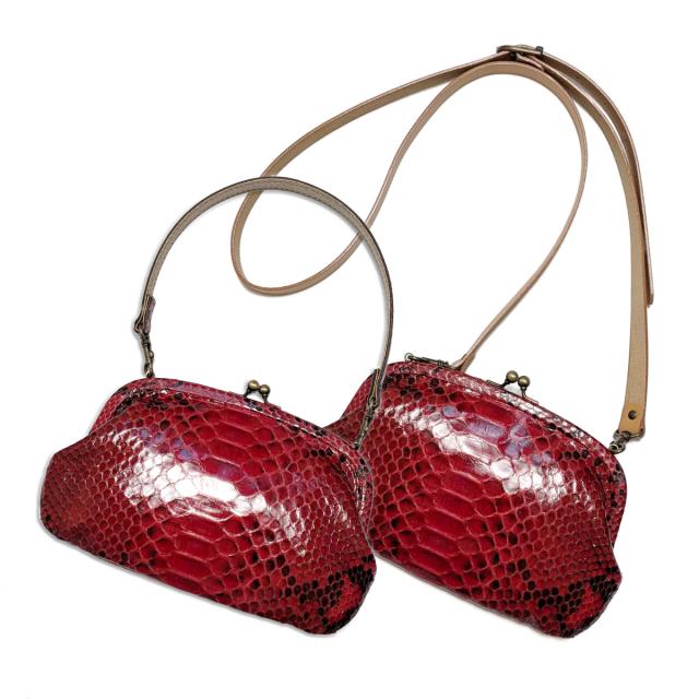 パイソン グレージング レッド 本革 がま口 バッグ 3WAY 横型 / ハンド ショルダーベルト付属 色選択可能  / がまぐち 口金 ポシェット ハンドバック ショルダーバック スマホショルダー スマホポーチ / エキゾチックレザー 蛇革 肩掛け 手提げ メンズ レディース