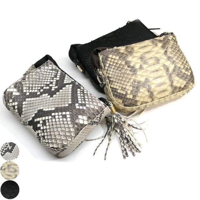 パイソン マット 本革 ポーチ ファスナー 通しマチ タッセル付き 化粧ポーチ メイクポーチ コスメポーチ 小物入れ バッグインポーチ レディース メンズ 蛇革 日本製