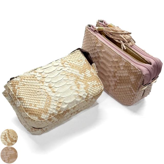 パイソン ハーフブリーチ 本革 ポーチ ダブル ファスナー 通しマチ タッセル付き 化粧ポーチ メイクポーチ コスメポーチ 小物入れ バッグインポーチ レディース メンズ 蛇革 日本製