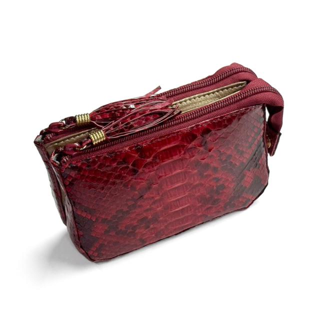 パイソン グレージング レッド 本革 ポーチ ダブル ファスナー 通しマチ タッセル付き 化粧ポーチ メイクポーチ コスメポーチ 小物入れ バッグインポーチ レディース メンズ 蛇革 日本製