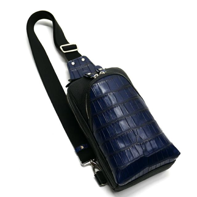 ボディバッグ メンズ レザー ショルダーバッグ 斜めがけ / 縦型 大容量 / クロコダイル革 ワニ革 / 藍染 2