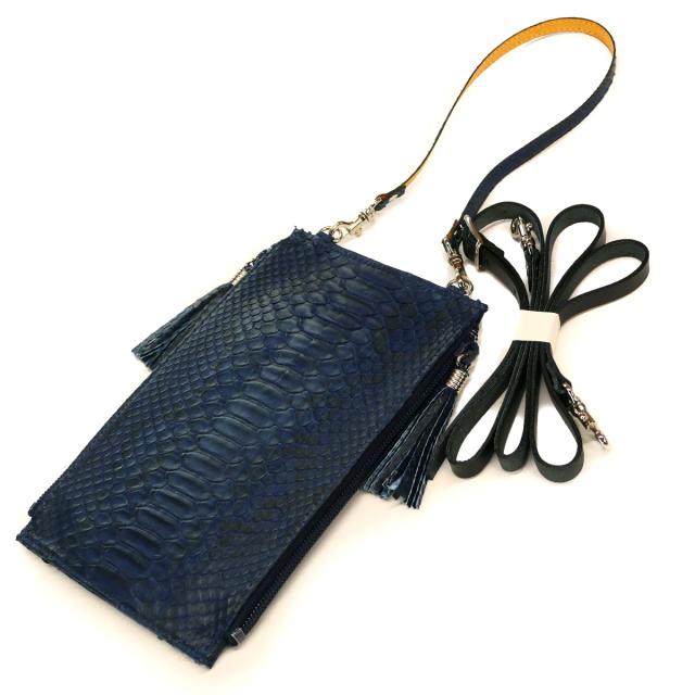スリムファスナーポシェット タッセル付き ２タイプベルト付き 本革 へび 蛇 ヘビ ダイヤモンドパイソン 藍染