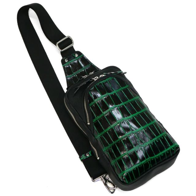 ボディバッグ メンズ レザー ショルダーバッグ 斜めがけ / 縦型 大容量 / 本革 ワニ革 クロコダイルレザー ネオンバリバー グリーン