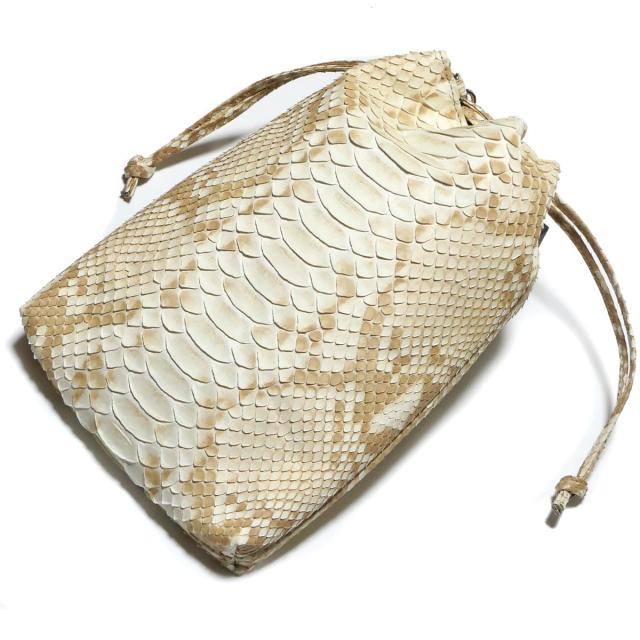 合切袋 巾着 パイソン革 蛇革 ヘビ革 ヘビ柄 ダイヤモンドパイソン ハーフブリーチ ベージュ