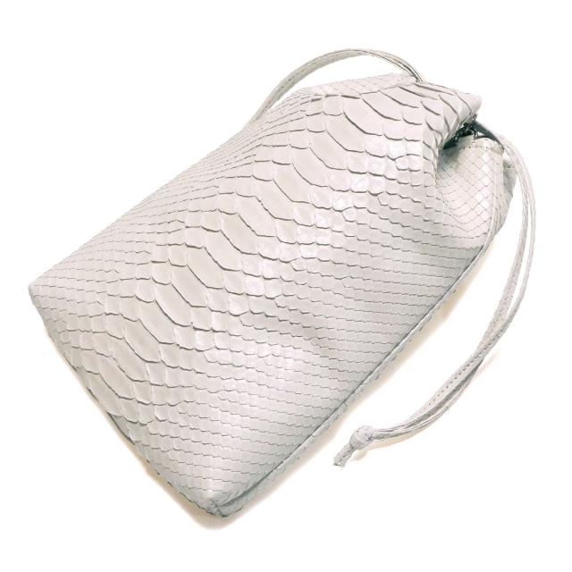 合切袋 巾着 パイソン革 蛇革 ヘビ革 ヘビ柄 ダイヤモンドパイソン マット ホワイト