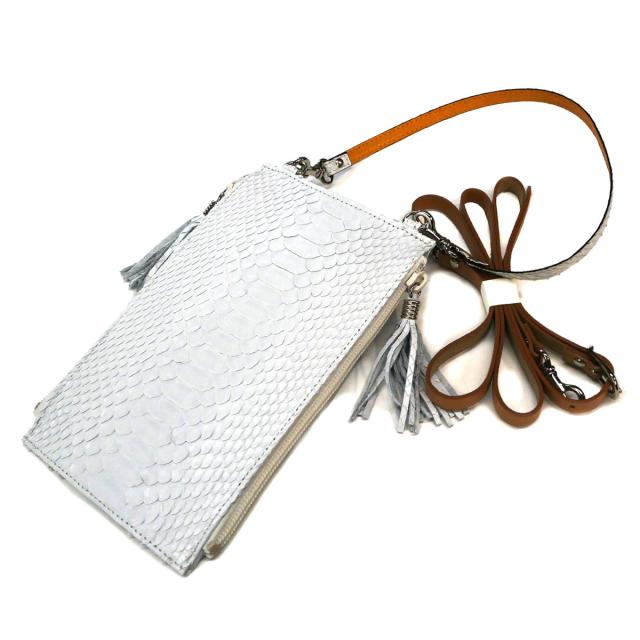 スリムファスナーポシェット タッセル付き ２タイプベルト付き 本革 へび 蛇 ヘビ ダイヤモンドパイソン マット ホワイト