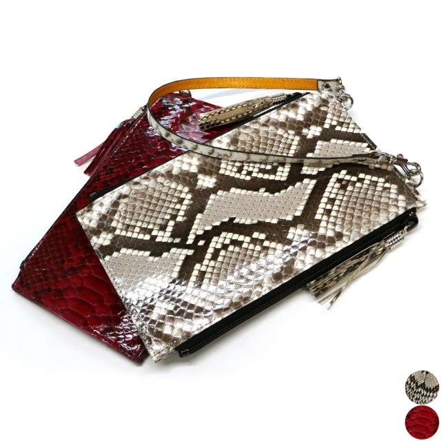 スリムファスナーポシェット タッセル付き ２タイプベルト付き 本革 へび 蛇 ヘビ ダイヤモンドパイソン グレージング