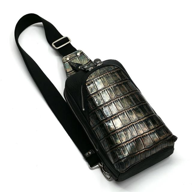 ボディバッグ メンズ レザー ショルダーバッグ 斜めがけ / 縦型 大容量 / 本革 クロコダイル革 ワニ革 ラグジュアリー レトロ 2