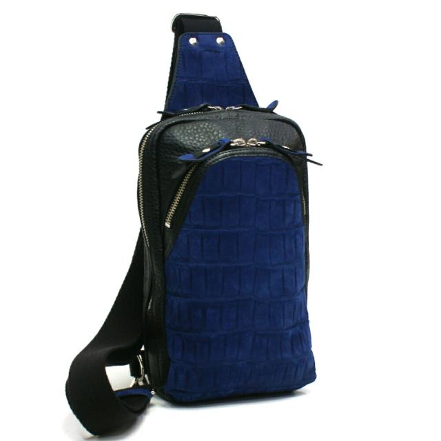 ボディバッグ メンズ レザー ショルダーバッグ 斜めがけ / 縦型 大容量 / 本革 クロコダイル革 ワニ革 / ヌバック 吟擦り ブルー