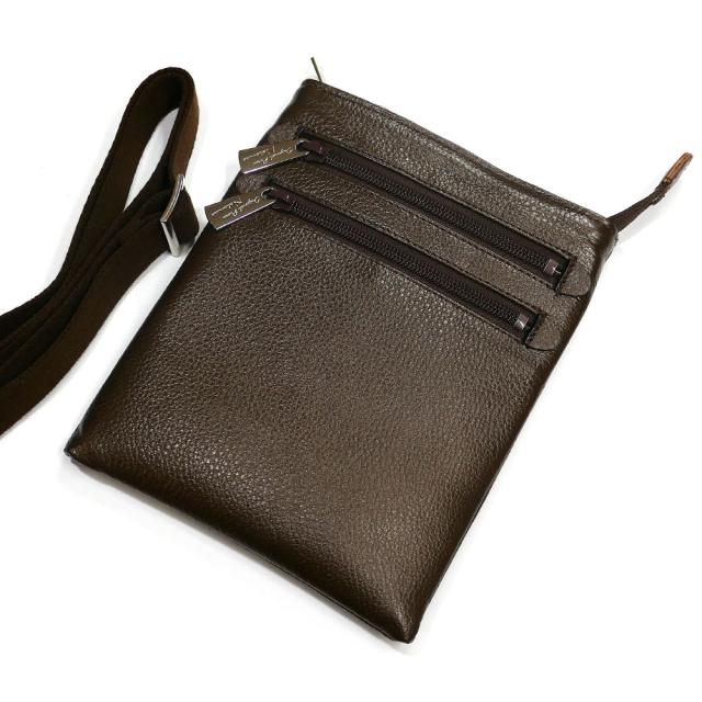 ショルダーバッグ 牛革 シュリンクパール チョコ 本革 斜め掛け マチなし 薄型 スリム 軽量 メンズ レディース