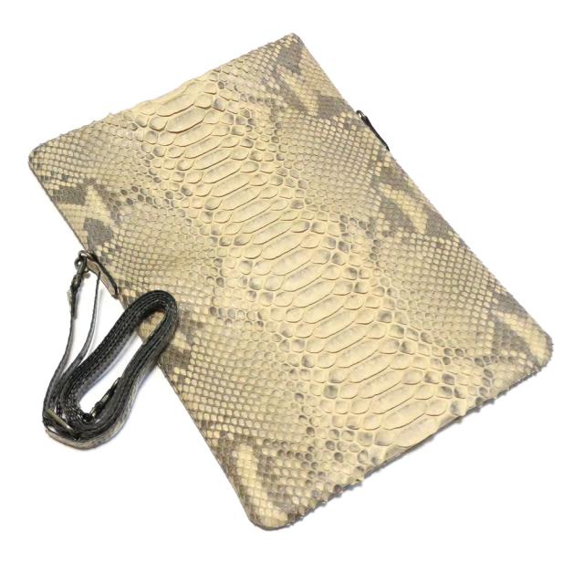 上折り ショルダーバック ポシェット サコッシュ / 本革 パイソン革 ダイヤモンドパイソン マット ベージュ