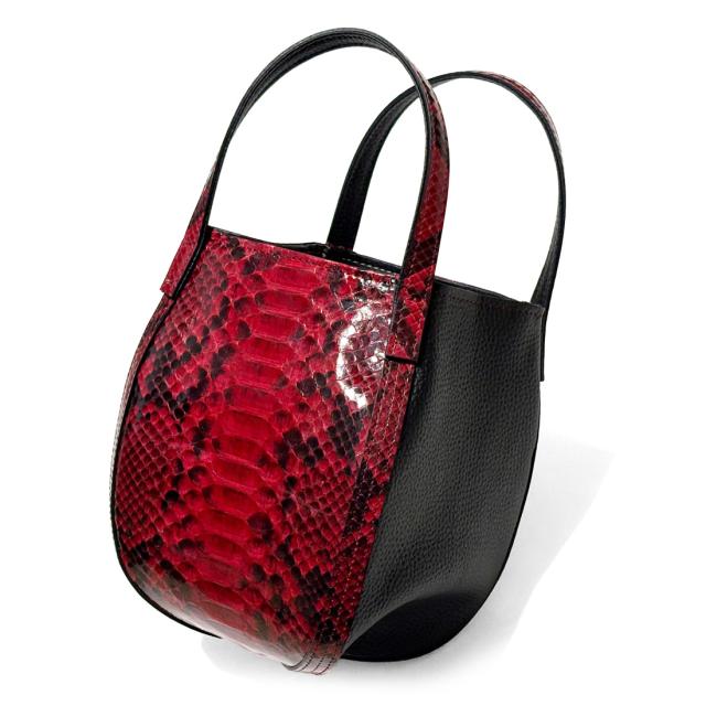 トートバッグ バケツ型 手提げ レディース メンズ 本革 パイソン グレージング レッド × シュリンクレザー(牛革)