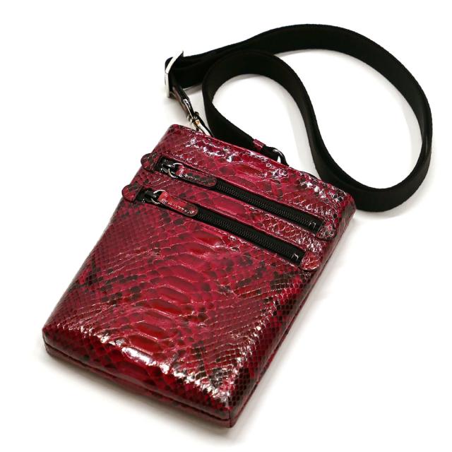 ショルダーバック メンズ レディース / 本革 パイソン革 蛇革 / 縦型 薄型 ショルダーベルト付き /  グレージング レッド 2