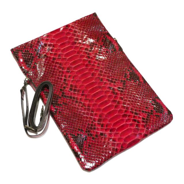 上折り ショルダーバック ポシェット サコッシュ / 本革 パイソン革 ダイヤモンドパイソン グレージング レッド