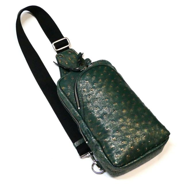 ボディバッグ メンズ レザー ショルダーバッグ 斜めがけ / 縦型 大容量 / 本革 オーストリッチ革 ダチョウ革 ラグジュアリー グリーン 2