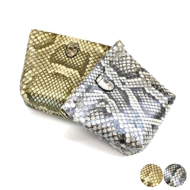 バネ口140 ポーチ 小物入れ マルチケース マチ付 本革 モラレスパイソン パイソン革 蛇革 ヘビ革 パール