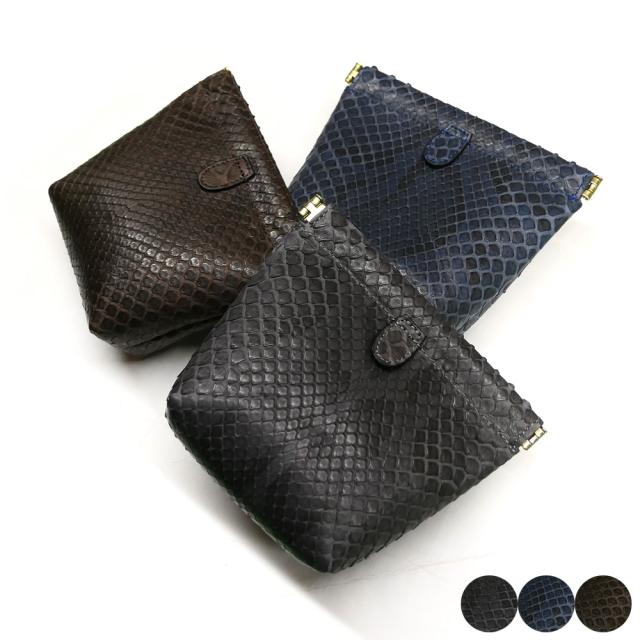 バネ口140 ポーチ 小物入れ マルチケース マチ付 本革 モラレスパイソン パイソン革 蛇革 ヘビ革 マット