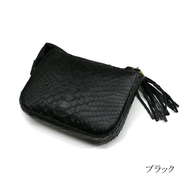 パイソン マット 本革 ポーチ ファスナー 通しマチ タッセル付き 化粧