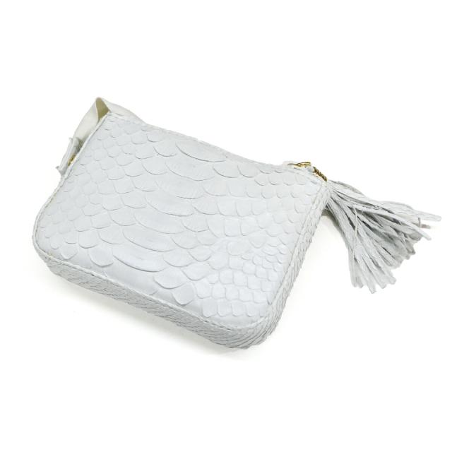 ファスナーポーチ タッセル付き ポーチ 化粧ポーチ 本革 へび 蛇 ヘビ ダイヤモンドパイソン マット ホワイト