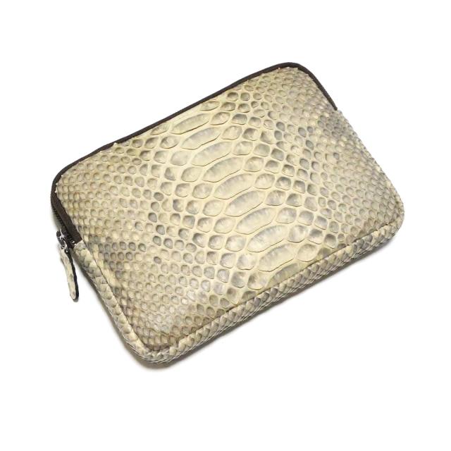 ポーチ 通しマチ / Mサイズ  / 本革 パイソン革 へび革 ヘビ革 ダイヤモンドパイソン / マット ベージュ