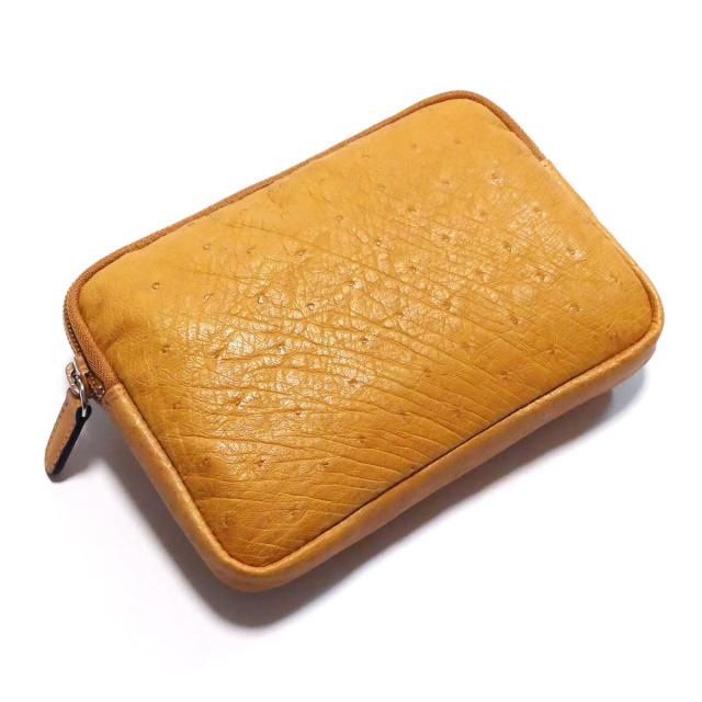 ポーチ 通しマチ / Sサイズ  / 本革 オーストリッチ革 ダチョウ革 / キャメル
