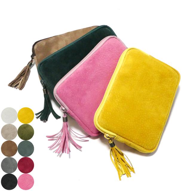 ポーチ 通しマチ タッセル付 / Sサイズ  / 本革 豚革 ピックレザー スエード