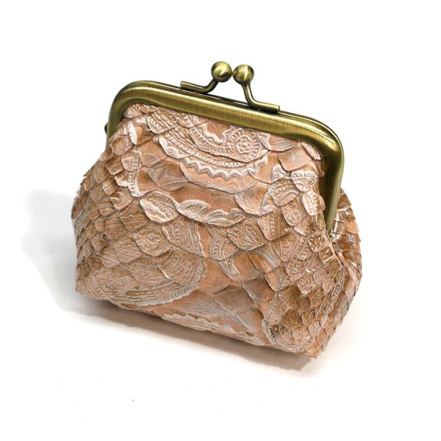 がま口 小物入れ 小銭入れ マルチケース  本革  パイソン革 蛇革 ヘビ革 ペイズリー ピンク